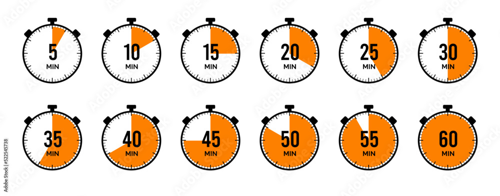 Clocks icon collection design. Countdown 5, 10, 15, 20, 25, 30, 35, 40 ...