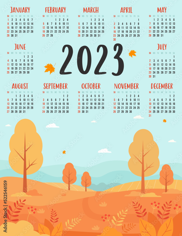 Calendar for 2023 with beautiful autumn nature landscape, yellow trees ...