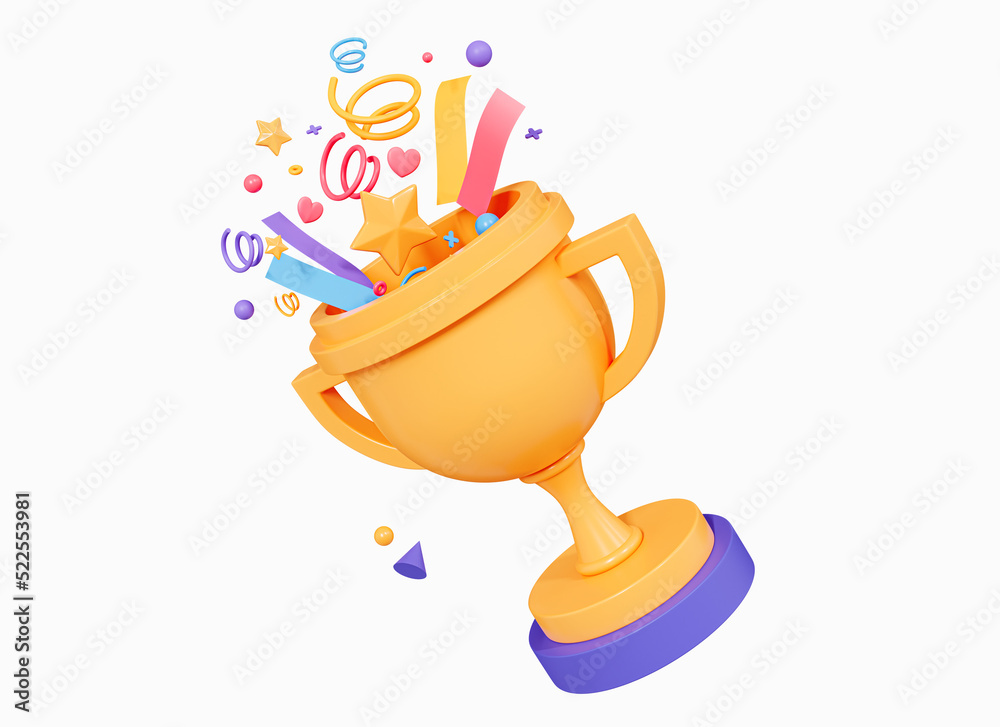 3D Trophy cup with confetti. Gold winner prize. Champion reward. First ...