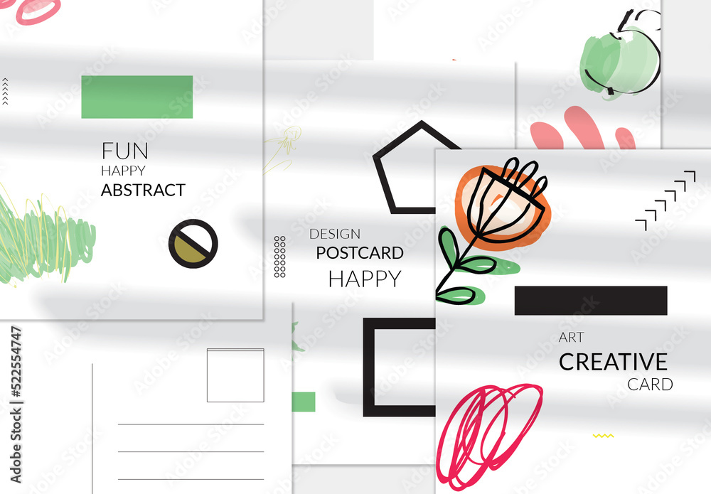 Postcard Layout with Hand Drawn Abstract Floral Doodles and Geometric ...