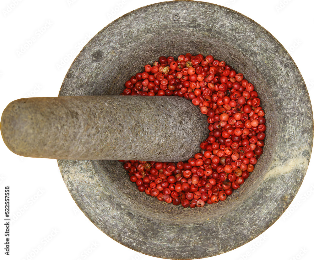 Top view close up on isolated gray basalt stone mortar with pestle and ...