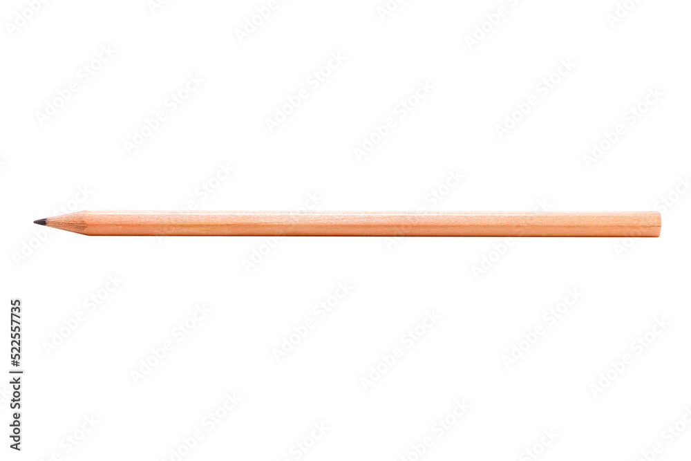 Close up brown wood long pencil isolated pack shot die cut on ...