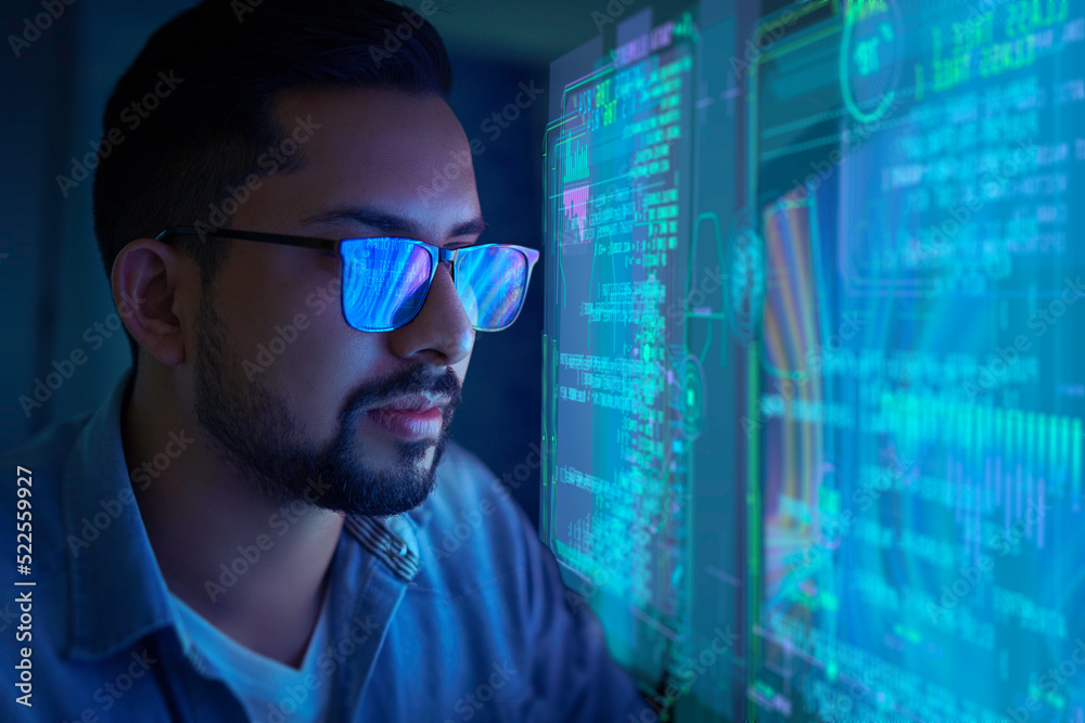 Portrait of Software Developer / Hacker Wearing Glasses Sitting at His ...