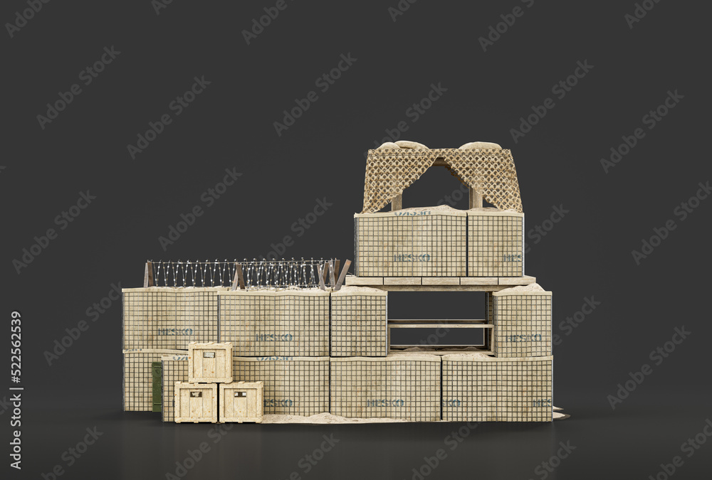 Military sand blocks and military equipment pile, 3d rendering Stock ...