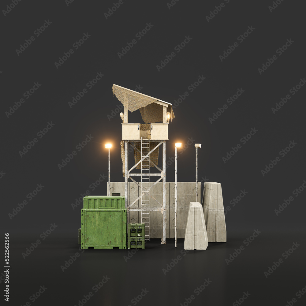 Armed military watchtower, military trench and defensive position, 3d ...