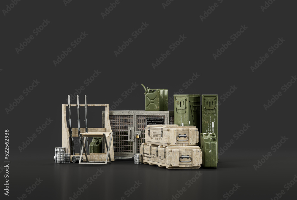 Military arsenal pile with ammunition boxes, guns and weapons, 3d ...