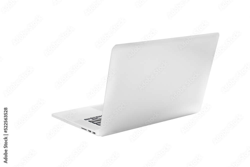 Laptop gray metalic sliver colour notebook in backside view open cover ...