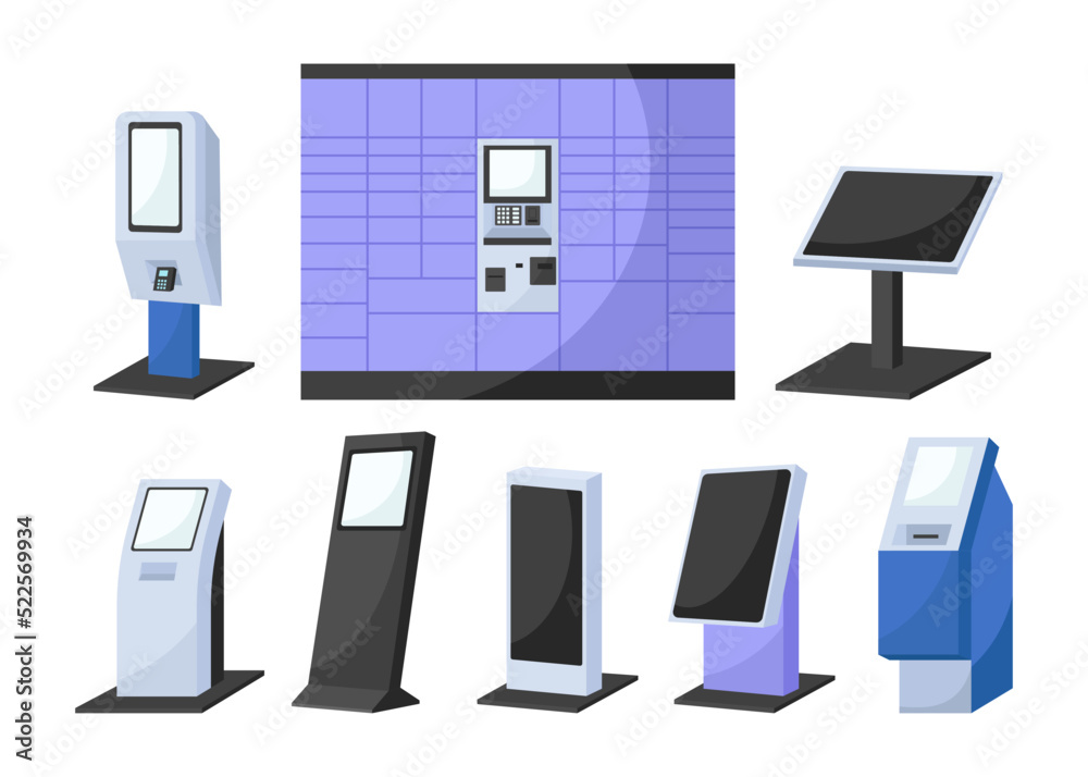 Modern interactive machines for payment vector illustrations set. Self service kiosks, ATM or ...