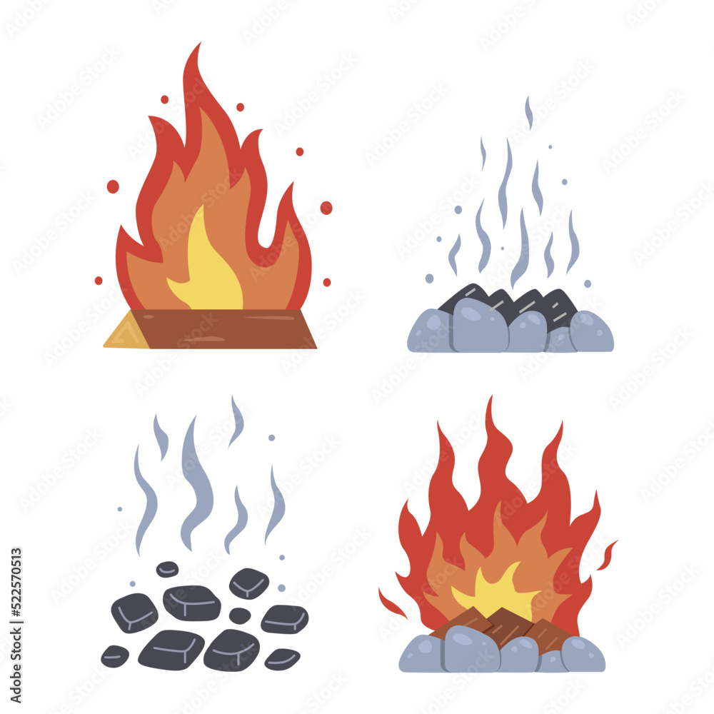 Campfire different types. Vector burning bonfire frames. Camping fire ...