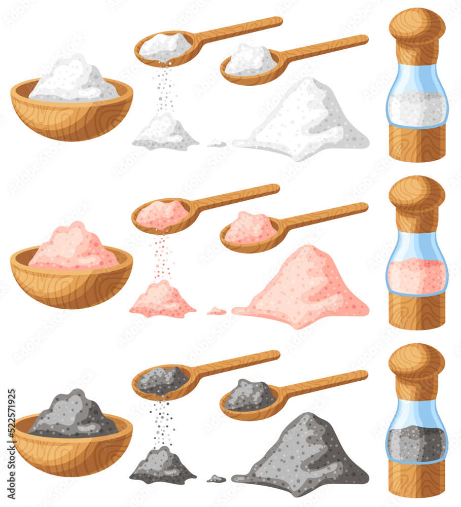 Pink, black and white salt. Wooden shaker, spoon and bowl with ...
