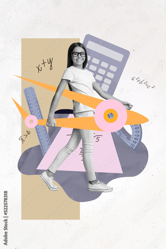 Vertical poster collage of school girl go do math wear glasses casual ...