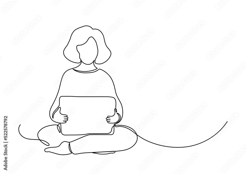 Woman working on laptop. Continuous line drawing. Girl sitting and ...