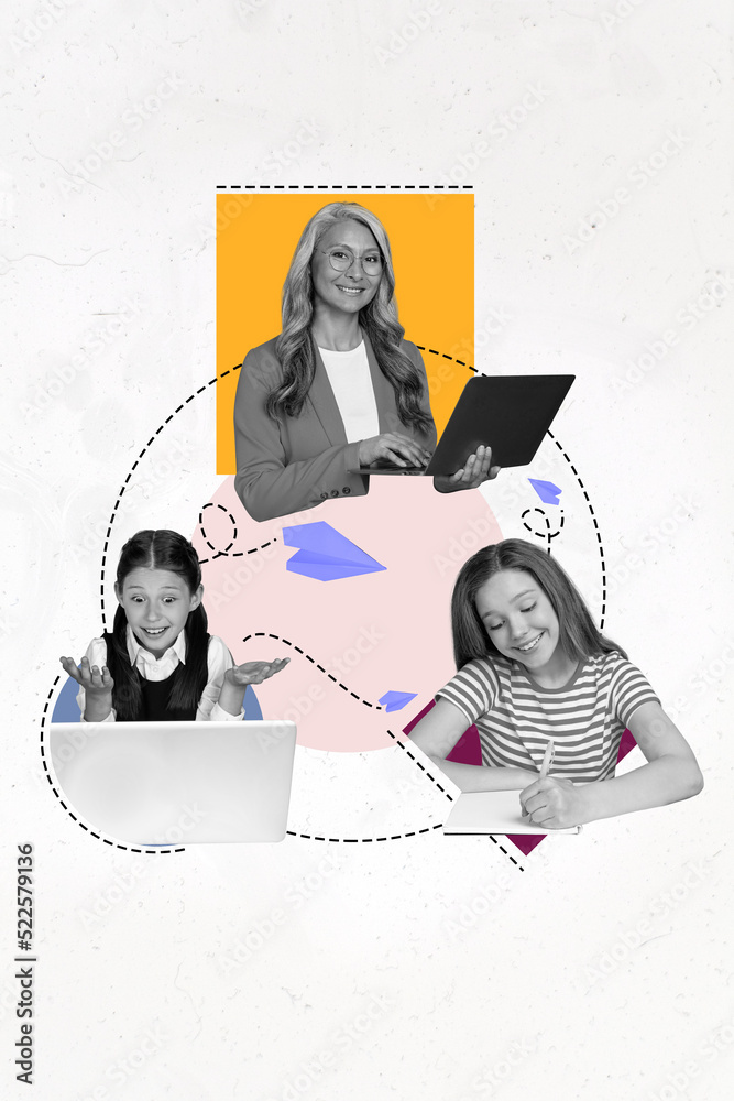 Vertical poster collage of school girls teacher study wear glasses ...