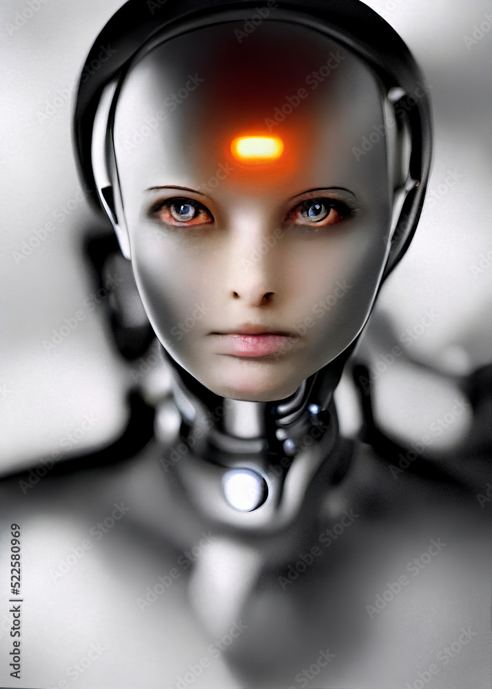 Humanoid Cyber Girl with a Glowing Red Light on her Forehead Stock ...