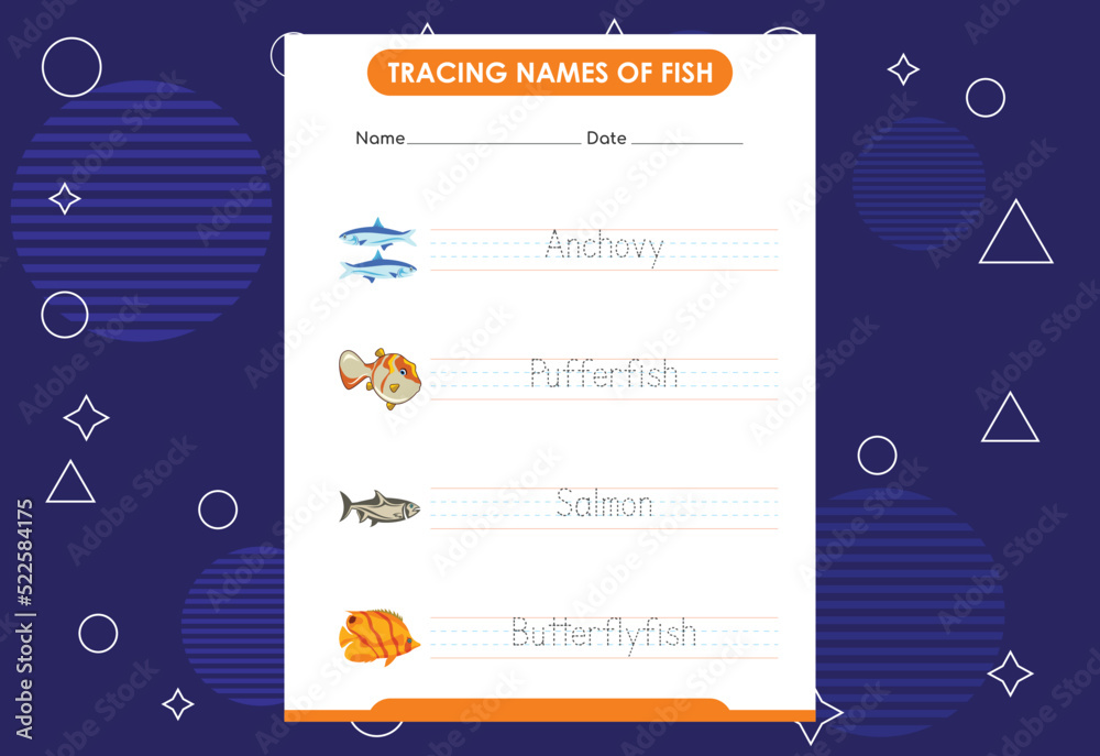 Trace the names of fish. Handwriting practice for preschool kids Stock ...