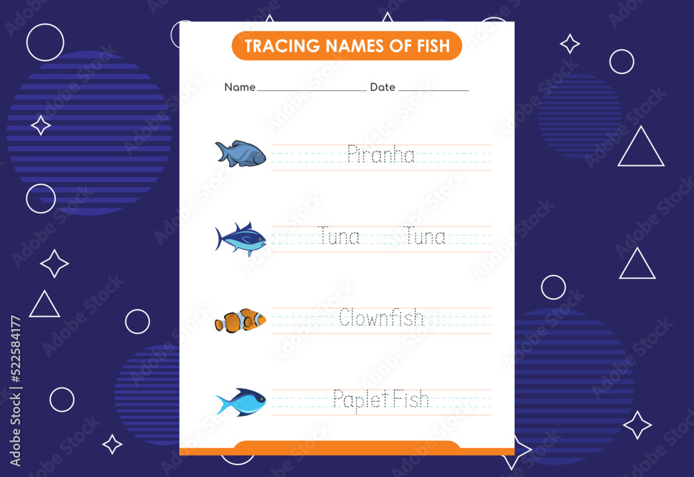 Trace the names of fish. Handwriting practice for preschool kids Stock ...