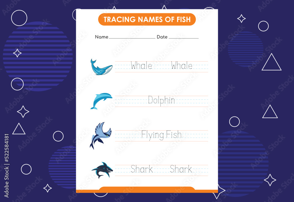 Trace the names of fish. Handwriting practice for preschool kids Stock ...