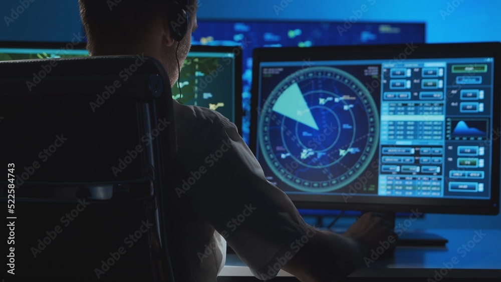 Workplace of the professional air traffic controller in the control ...