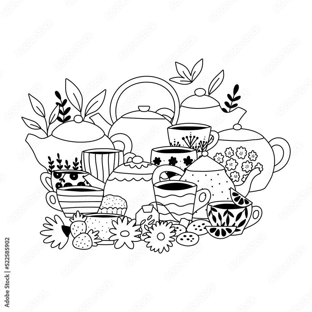 Doodle coloring page with tea pots, cups, leaves, strawberry and daisy ...