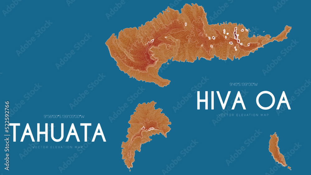 Topographic map of Hiva Oa and Tahuata, Marquesas Islands, French ...