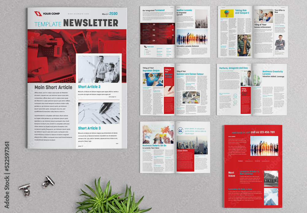 Business Newsletter Layout with Red Accents Stock Template | Adobe Stock