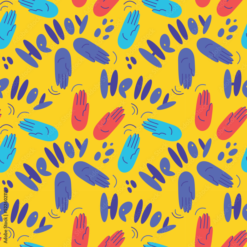 Seamless pattern with welcome hand gesture. Handwritten lettering hello ...