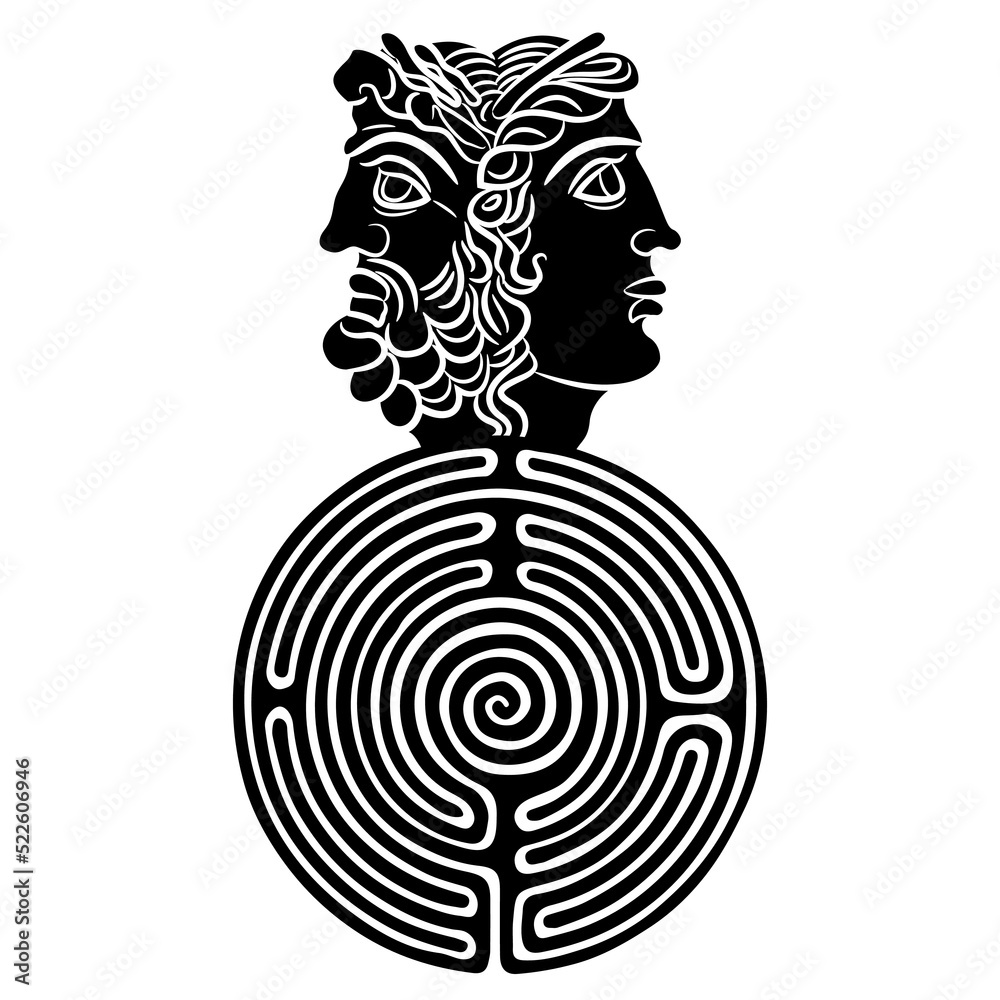 Stockvector Janus head on top of a round spiral maze or labyrinth ...