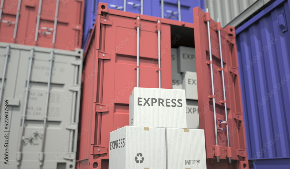 Boxes with Express text and cargo containers. Delivery related ...