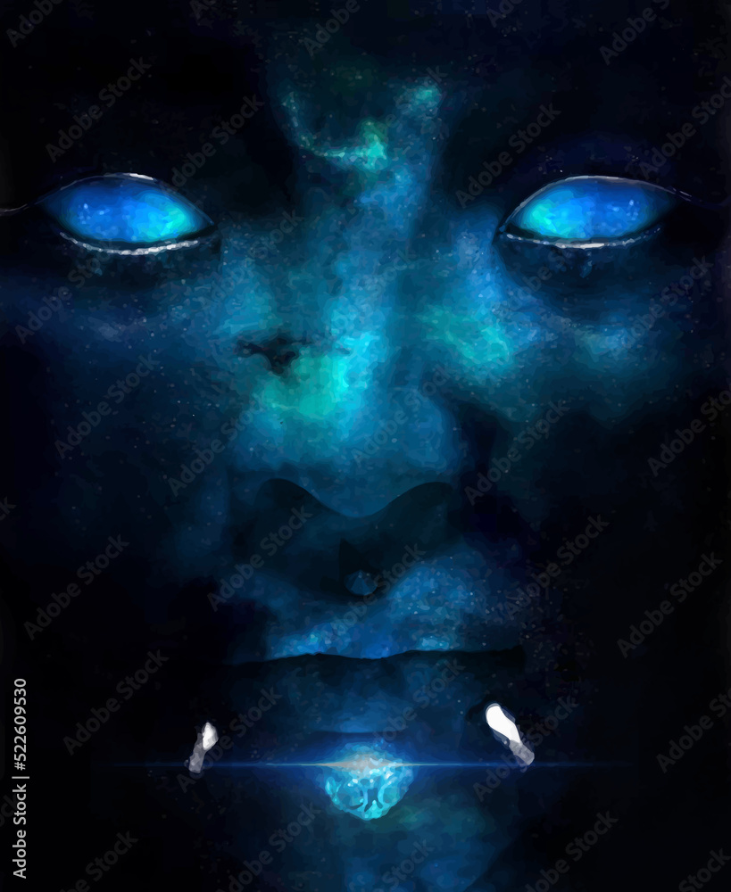 ภาพประกอบสต็อก Alien face in deep space. Female features with white ...
