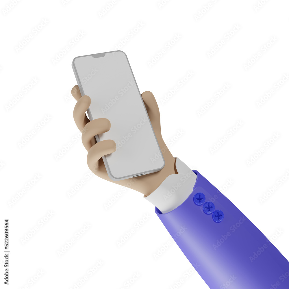 Cartoon hand holding smartphone. Hand using mobile phone mockup. 3d ...