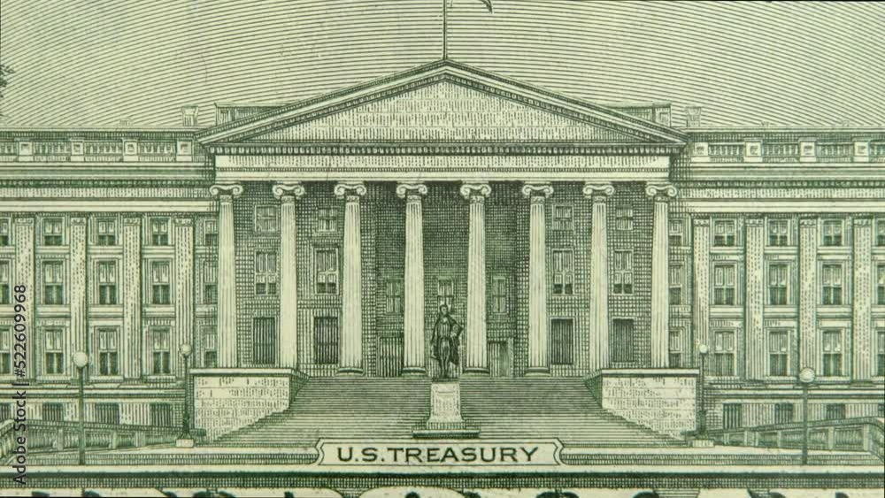 Macro zoom of the US Treasury Building on the back of the ten dollar ...