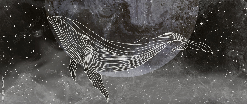 Watercolor dark art background with a whale against the starry sky in ...
