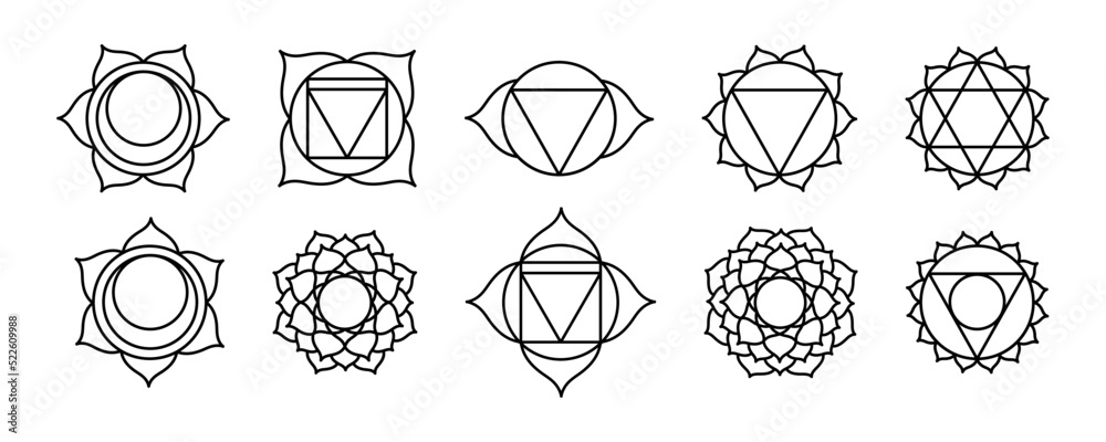 Seven chakras line art symbols signs, mystical esoteric, yoga and ...