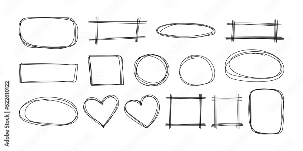 Set hand drawn black linear cute frames for text or photo. Scribble ...