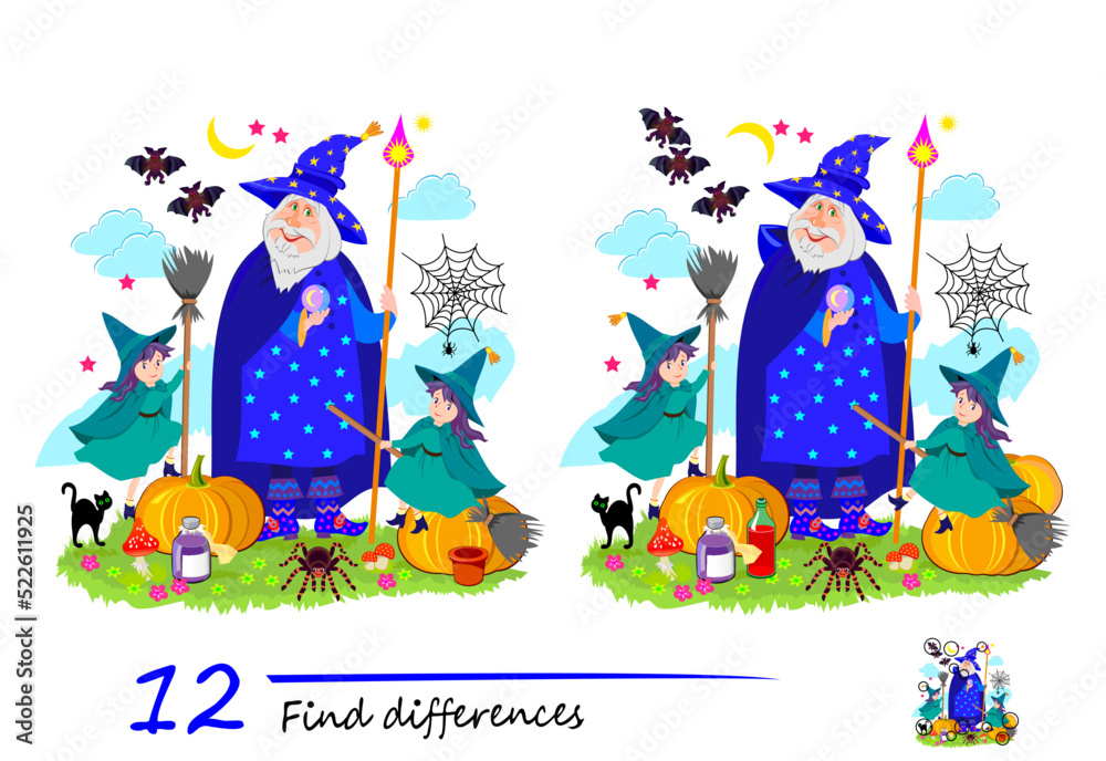 Find 12 differences. Illustration of wizard and little witches ... Find 12 differences. Illustration of wizard and little witches ...