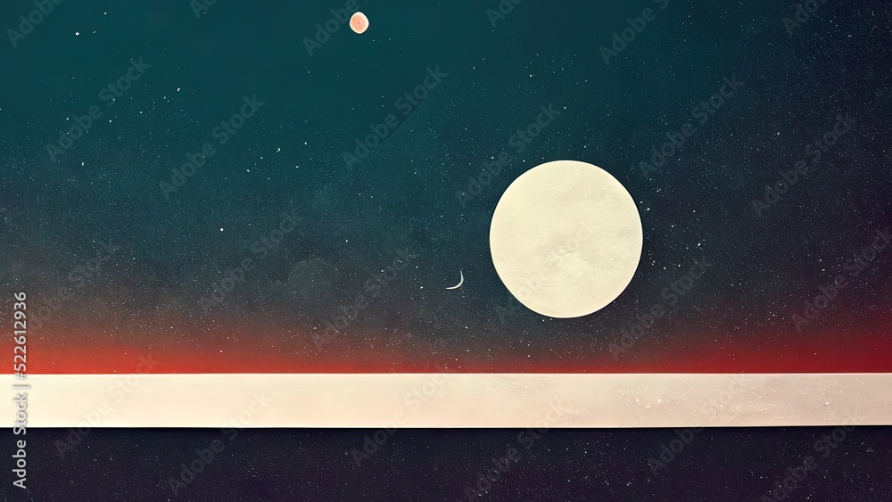 The moon, minimal, flat 2D vintage illustration. In space view of the ...