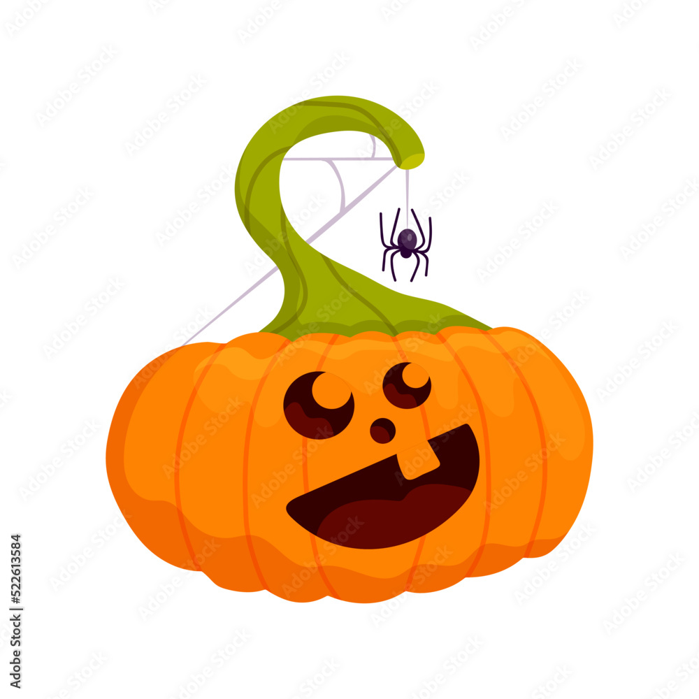 Scared pumpkin character with spider and cobweb.Cartoon vector graphic ...
