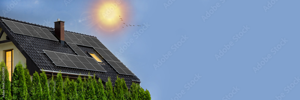 Modern house with solar panels on roof. Photovoltaic banner, copy space ...