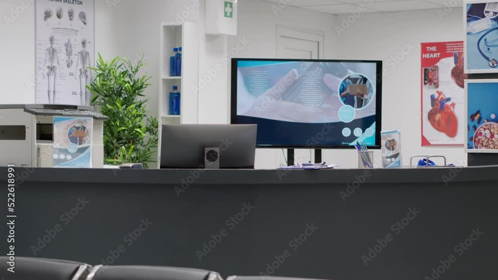 Empty reception desk in hospital lobby area, medical space used for ...