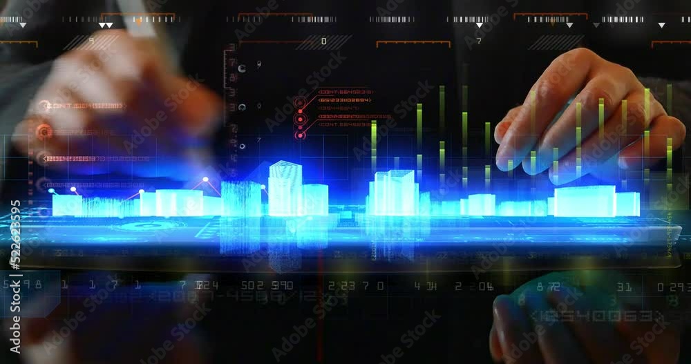 4K Human Finger Turns on Touch Futuristic Screen Button;financial stock ...