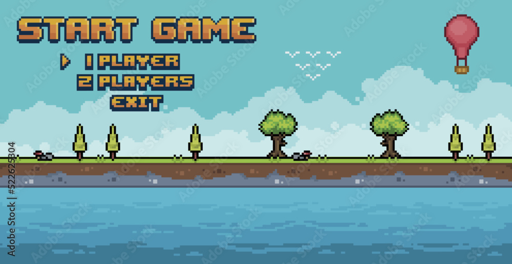 Pixel art adventure game menu game home screen with sea coast landscape ...