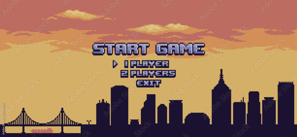 Pixel art city game home screen. Vector 8bit game background with sky ...