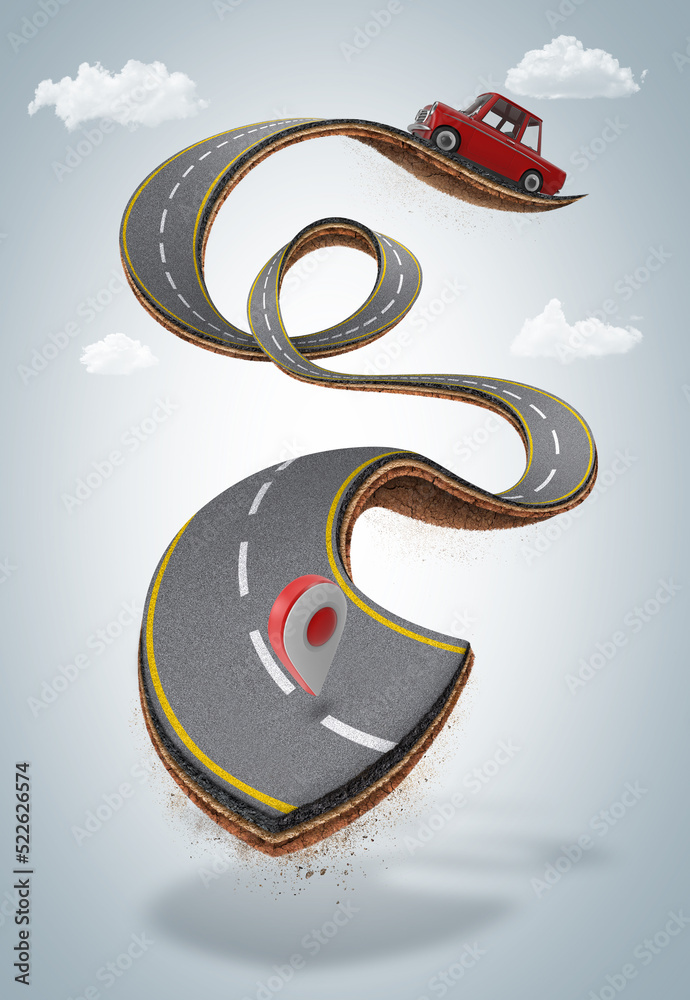 3D illustration of floating road with car and location icon on it ...
