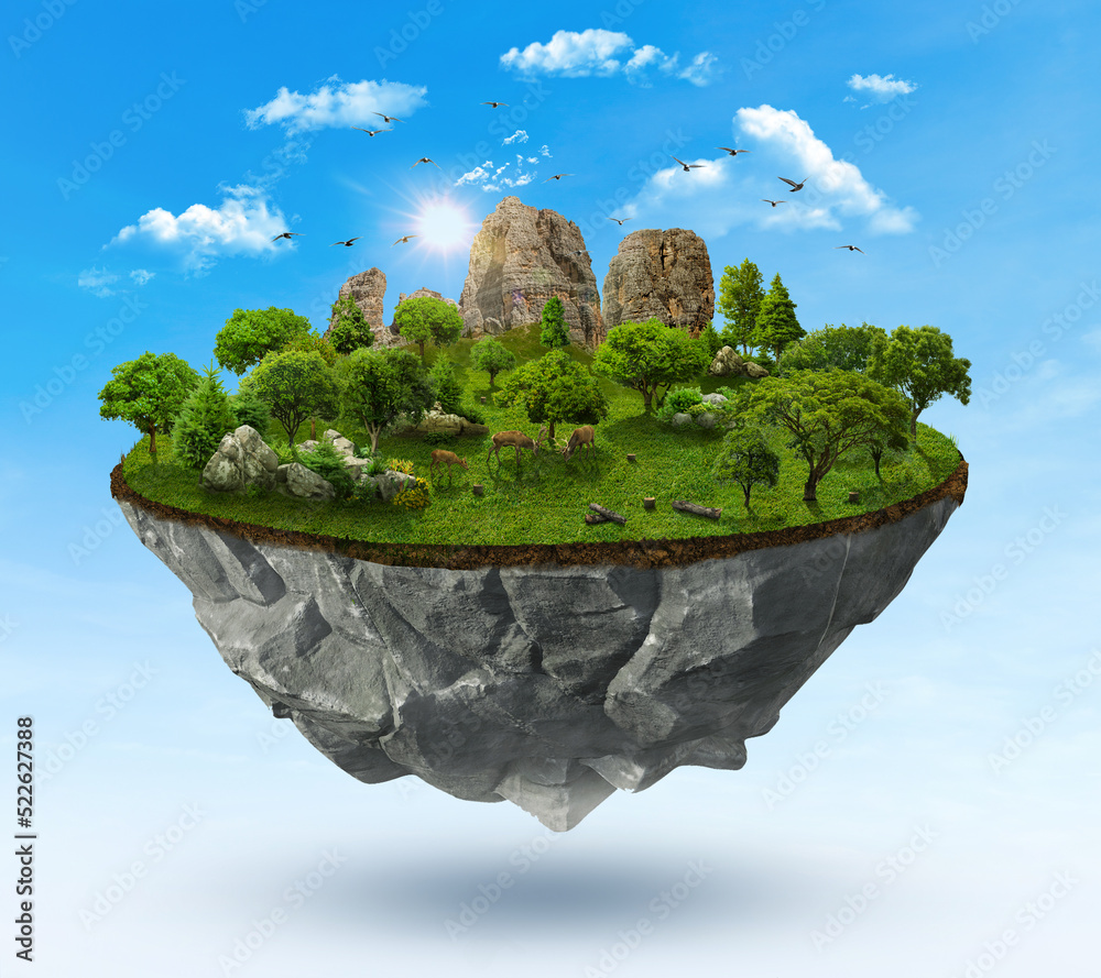 fantasy floating island with mountains, trees, and animals on green ... fantasy floating island with mountains, trees, and animals on green ...