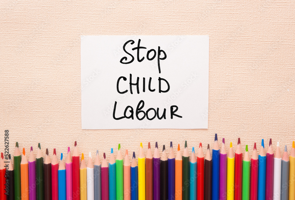 Stop child labour - card with lettering and colored pencils Stock Photo ...