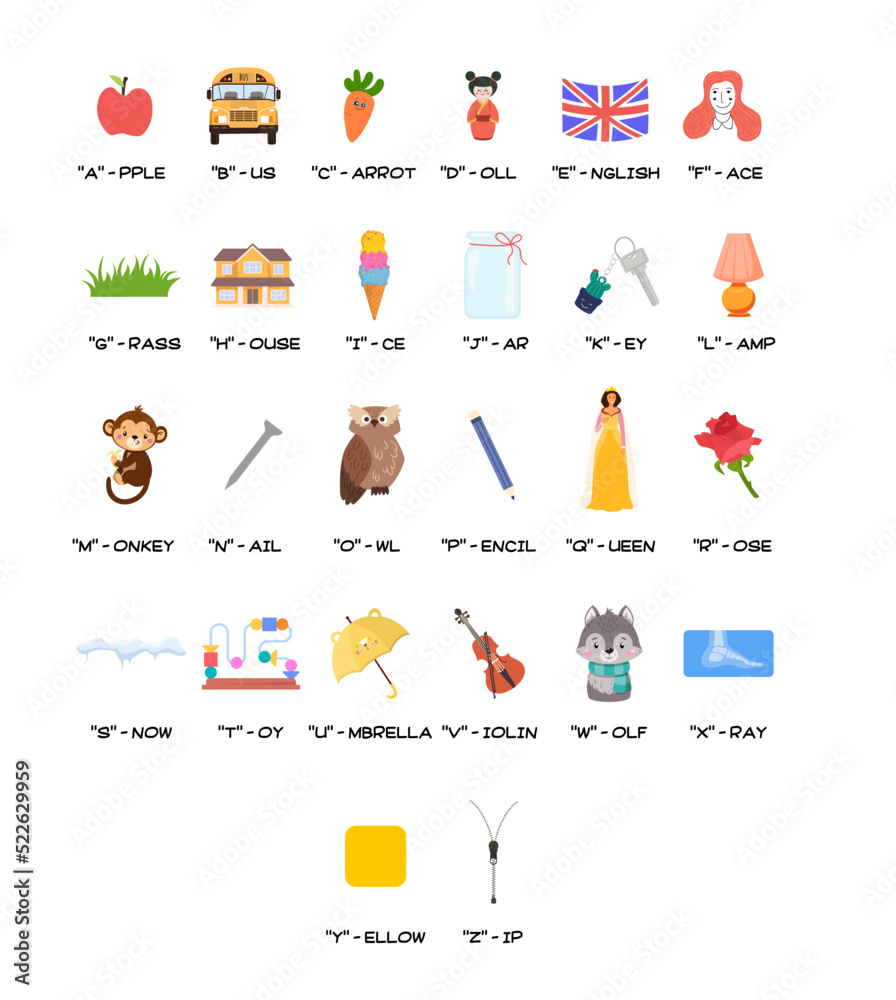 Learning english alphabet. Set of educational cards with words and ...