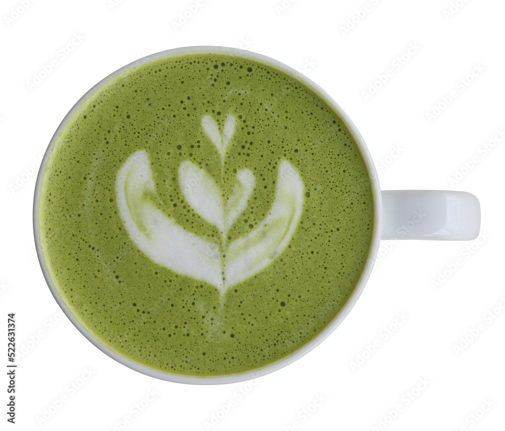 Top view of Japanese matcha green tea with tulip pattern latte art on ...