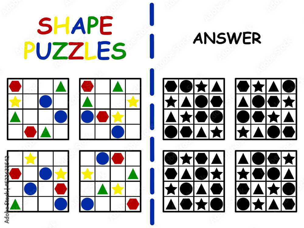 Four simple sudoku with colorful shapes vector illustration. Funny ...