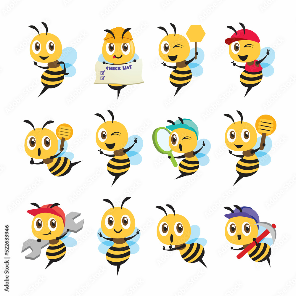 Collection of flat design cartoon cute bee character set in different ...