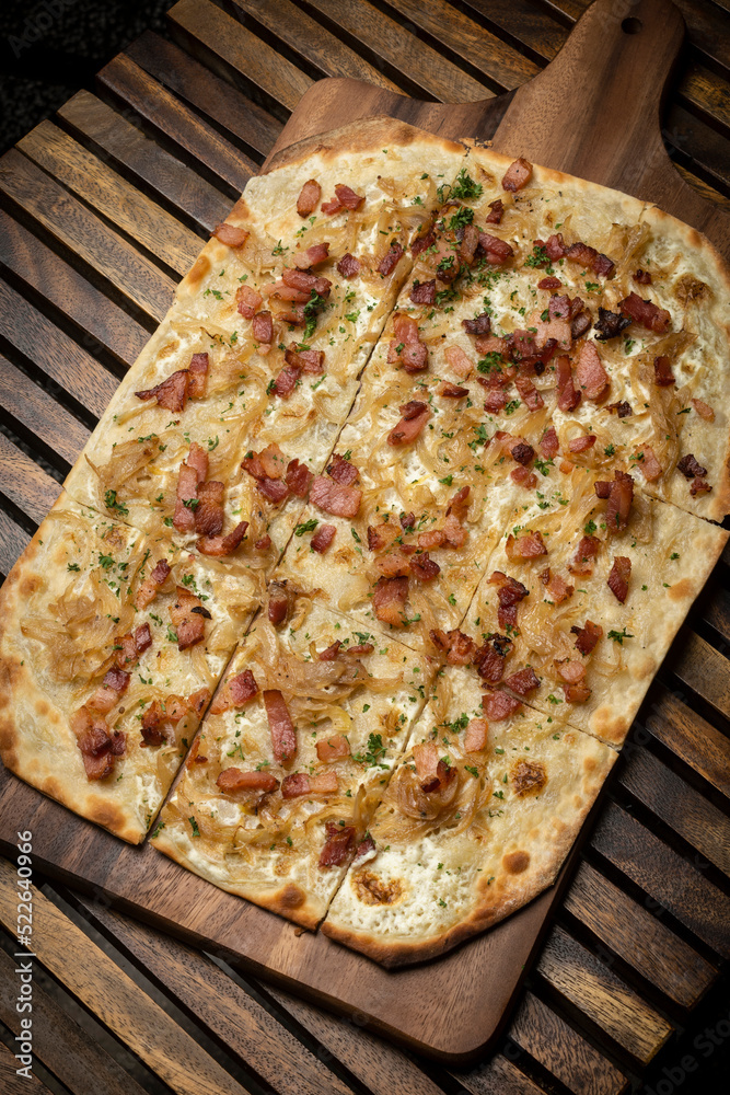 Flammkuchen tarte flambee rectangular pizza with bacon and chicken ...